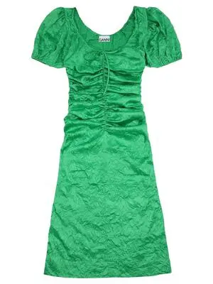GANNI Crinkled-effect Puff-sleeve Midi Dress - Green