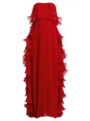 Badgley Mischka Strapless Pleated Ruffle Gown - Red
