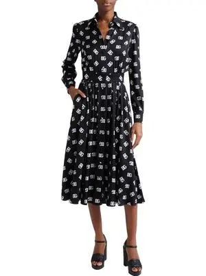 Dolce & Gabbana Pleated Monogram Logo Midi Dress - Black