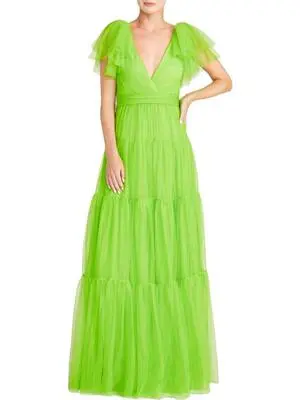 Monique Lhuillier Flutter Sleeve Tiered Tulle Gown - Halcyon Green