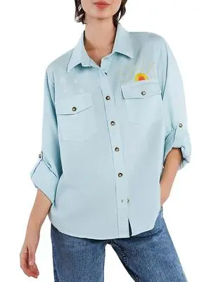 BILLY T Hello Sunshine Embroidered Denim Shirt Minty