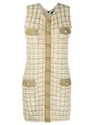 Balmain Tweed Sleeveless Dress - Neutrals