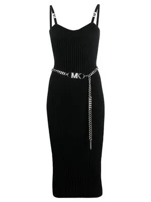 Michael Kors Logo-belt Ribbed Midi Dress - Black