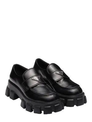 Prada Monolith Brushed Leather Loafers - Black