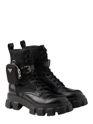 Prada Monolith Leather And Re-nylon Boots With Pouch - Black