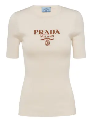 Prada Silk Crew-neck Sweater With Logo - Ivory