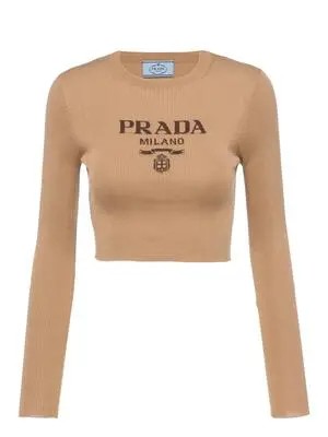Prada Cropped Silk Sweater With Logo - Brown