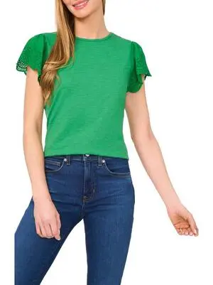 CECE DUPRAZ Eyelet Flutter Sleeve T-shirt - Medium Green