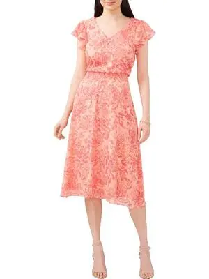 Chaus Floral Metallic Smocked Waist Midi Dress - Peach/rose/yellow