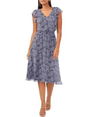 Chaus Paisley Smocked Waist Midi Dress - Navy/white