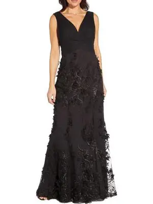 Adrianna Papell Embroidered Mesh Trumpet Gown - Black