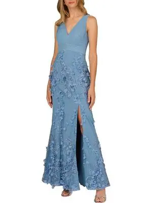 Adrianna Papell Embroidered Mesh Trumpet Gown - Dusty Blue