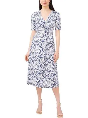 Chaus Floral Faux Wrap Midi Dress - Denim/white