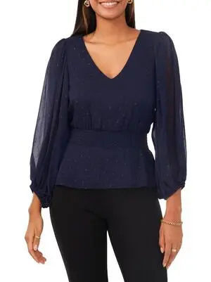 Chaus Smock Waist Peplum Metallic Clip Dot Blouse - Navy