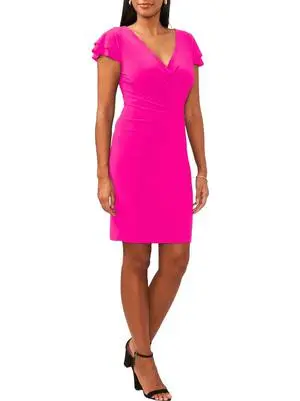 Chaus Flutter Sleeve Surplice V-neck Sheath Dress - Fiercely Fuchsia