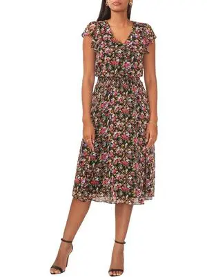 Chaus Floral Smocked Waist Midi A-line Dress - Fuchsia/purple/gold
