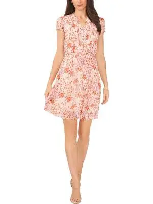 Chaus Floral Pleat Dress - Cream/rust/pink