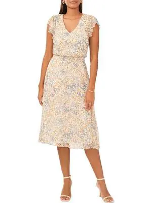 Chaus Floral Smocked Waist Midi Dress - White Multi
