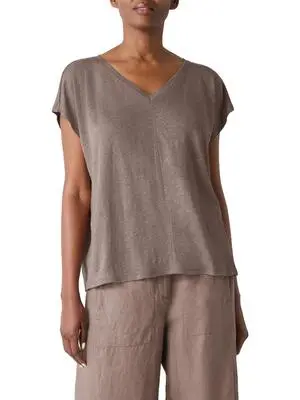 Eileen Fisher V-neck Organic Linen T-shirt - Cocoa