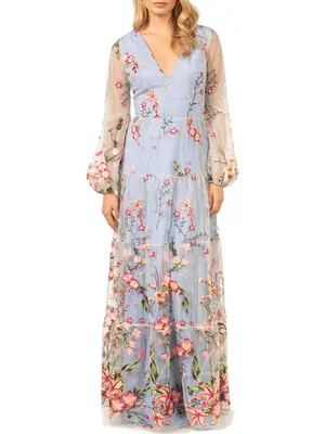 Dress The Population Lyra Floral Embroidery Long Sleeve Tulle Gown - Sky Multi