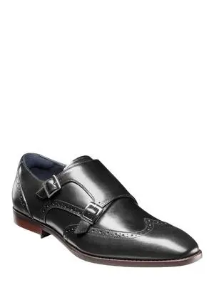 STACY ADAMS Karson Wingtip Double Monk Strap Shoe - Black