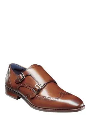 STACY ADAMS Karson Wingtip Double Monk Strap Shoe - Cognac