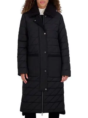 Andrew Marc Maxine Quilted Coat With Faux Shearling Collar - Black