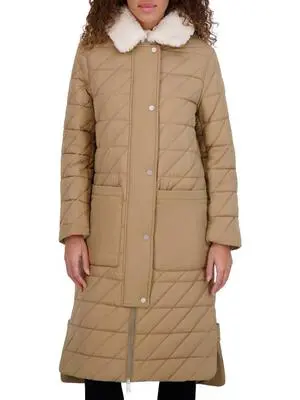 Andrew Marc Maxine Quilted Coat With Faux Shearling Collar - Khaki