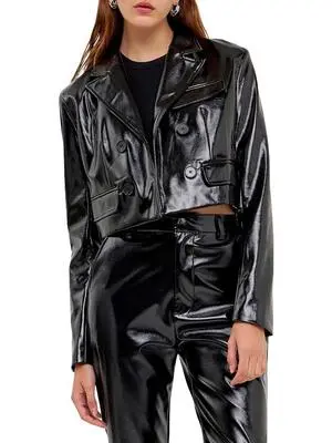 GREY LAB Shiny Faux Leather Crop Blazer - Black
