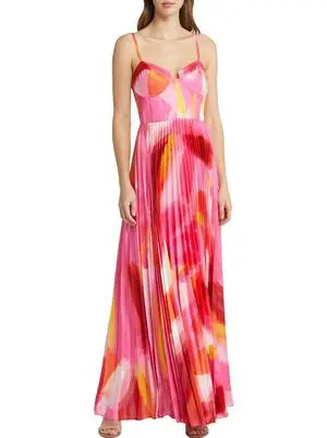 HUTCH Mali Bustier Pleated Satin Gown - Pink Brushstroke Satin