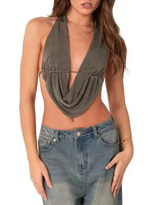 EDIKTED Plunge Cowl Halter Neck Crop Top - Olive