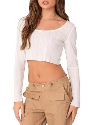 EDIKTED Pointelle Knit Crop Top - White