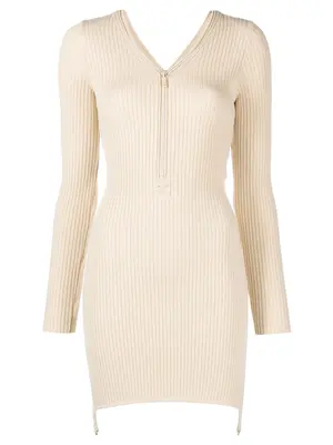 COURREGES Ribbed-knit Zip-up Dress - Neutrals