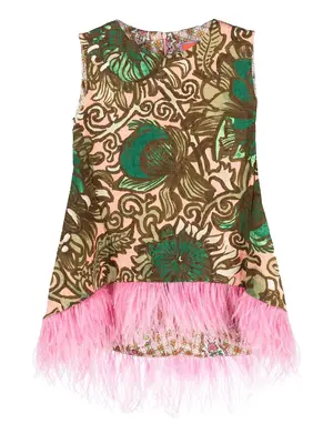 La DoubleJ Painterly-print Feather-trim Top - Green