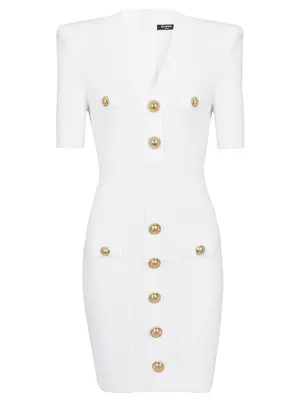 Balmain Knitted Mini Dress With Gold-tone Buttons - White