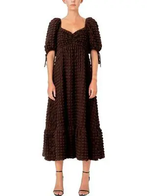 Endless Rose Texture Puff Sleeve Maxi Dress - Brown