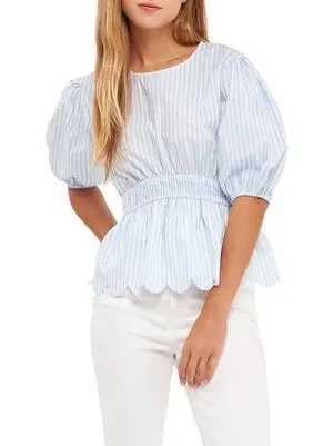 English Factory Striped Puff Sleeve Peplum Top - Blue Stripes