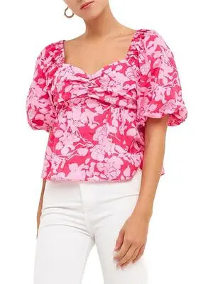 FREE THE ROSES Floral Puff Sleeve Blouse - Red/pink