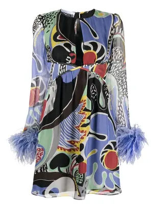 Moschino Feather-trim Graphic Print Dress - Black