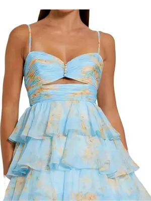 Mac Duggal Floral Cut Out Ruffle Layered Gown - Blue Multi