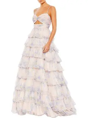 Mac Duggal Floral Cut Out Ruffle Layered Gown - Violet Multi