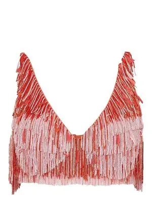 ESTEBAN CORTÁZAR Cropped Fringed Beaded Silk Top - Orange