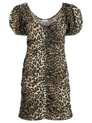 GANNI Leopard-print Organic Cotton Dress - Brown