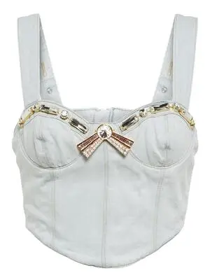 AREA Crystal-embellished Denim Crop Top - Blue