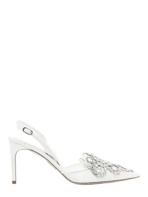 Rene Caovilla Lace Embellished Slingback Pumps - White