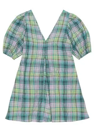 GANNI Seersucker Check V-neck Mini Dress - Green