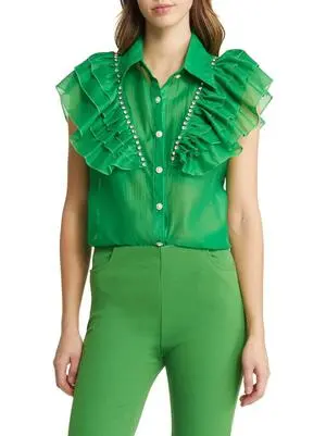 NIKKI LUND Holly Rhinestone Ruffle Button-up Blouse - Bright Green