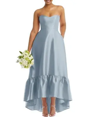 Alfred Sung Strapless Ruffle High-low Satin Gown - Mist