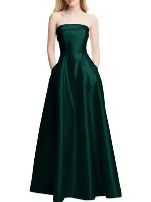 Alfred Sung Strapless Satin Gown - Evergreen