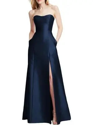 Alfred Sung Strapless Satin A-line Gown - Midnight